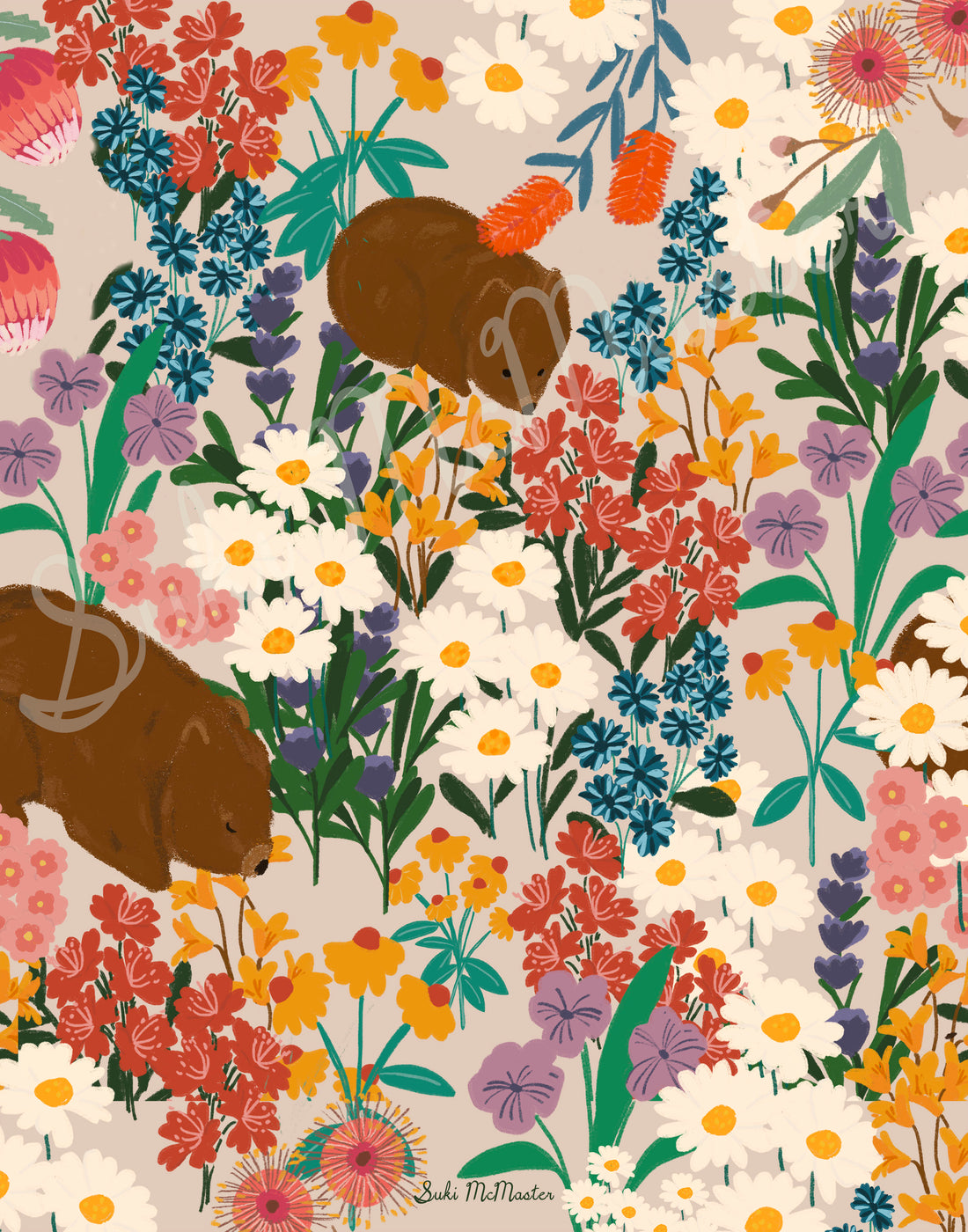 Australian Animal Wall Art - Wombat with Flowers by Suki McMaster ...